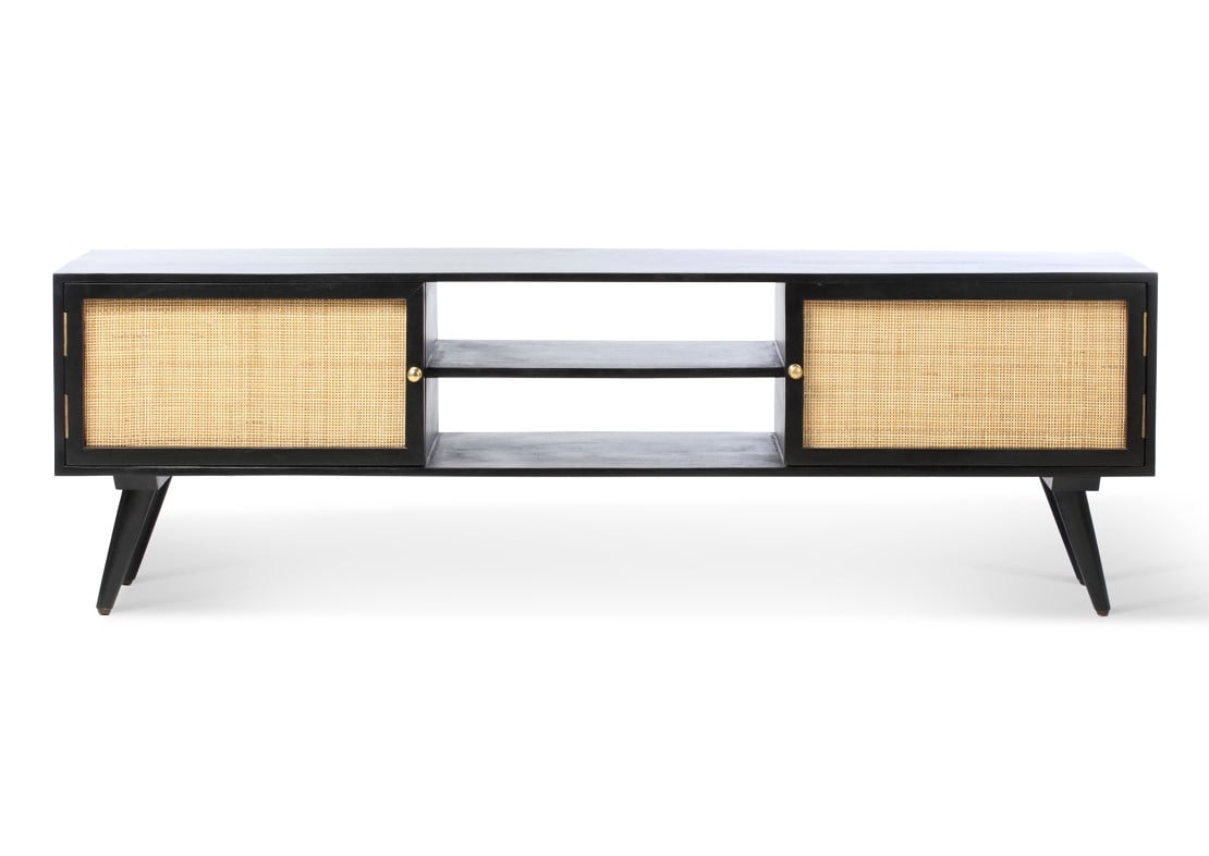 Manhattan Wide Rattan Wood TV Stand with Storage in Black