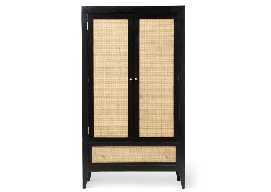Venice Double Door Wardrobe with Drawer Rattan & Mango Wood in Black ...